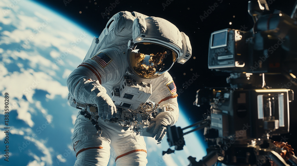 Director Filming Ad Shoot With Astronaut Fixing Satellite. Actor Floats ...