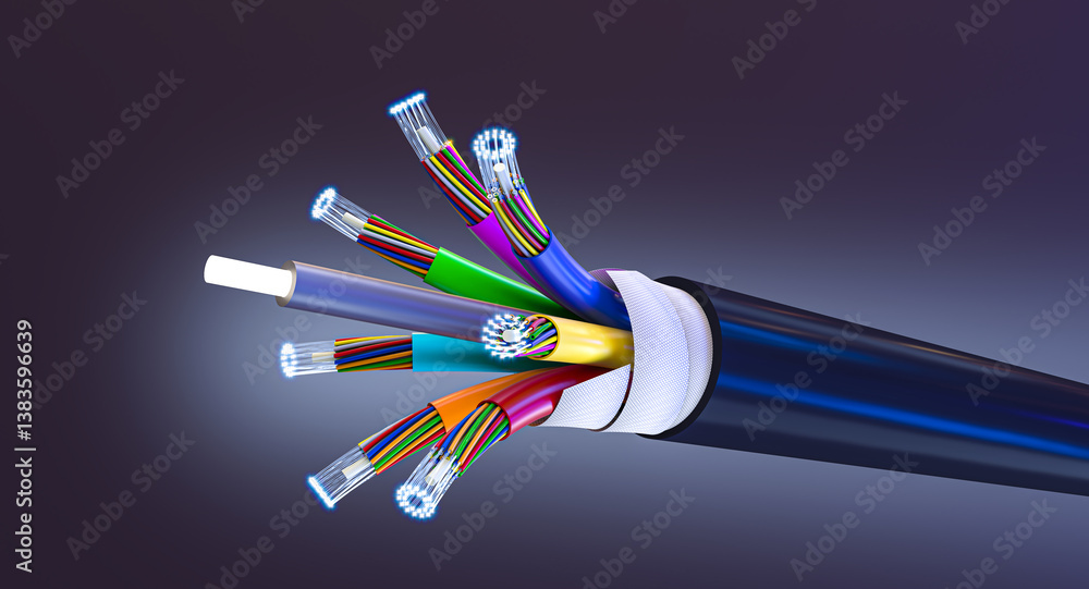 Fiber optic cable transmitting data, featuring colorful wires and ...