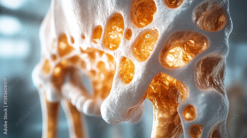 fractured hip in porous bone versus intact healthy side, clear visual ...