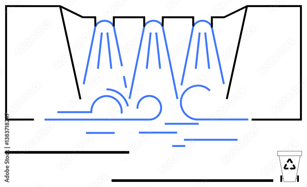 Hydroelectric dam releasing water into flowing river with recycling ...
