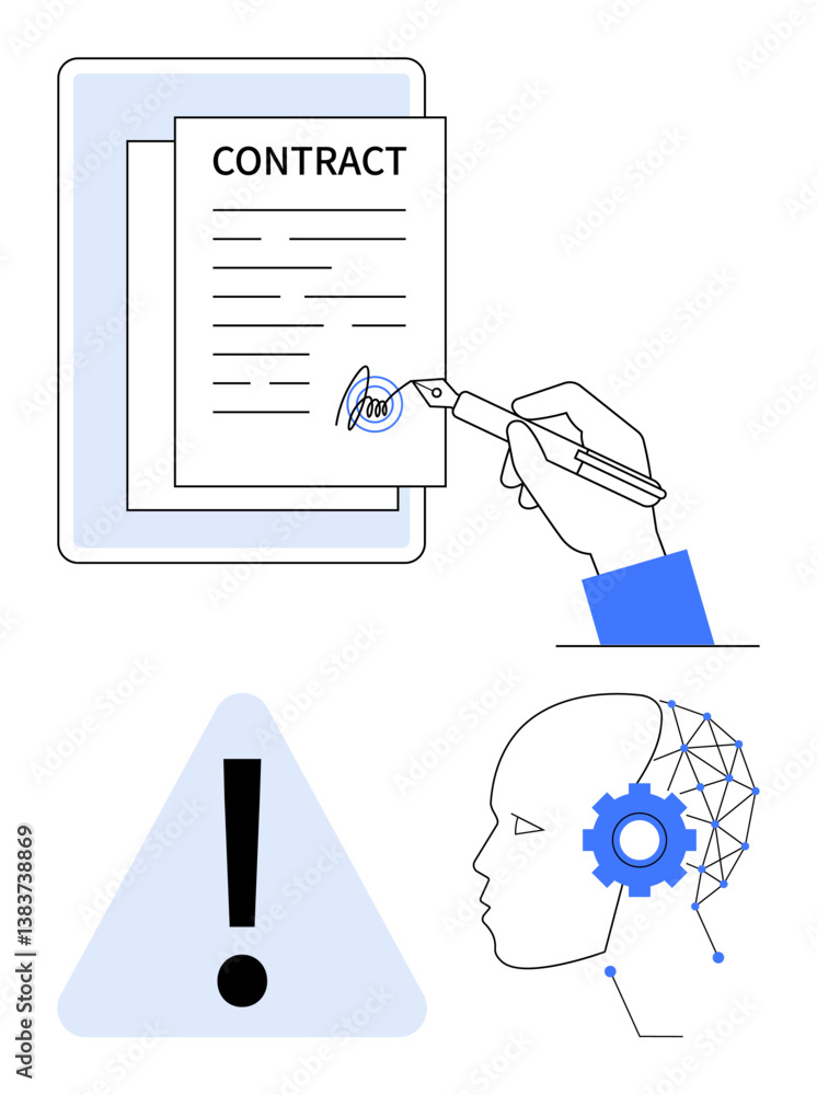 Hand signs contract with pen, alert warning sign, and human head with ...