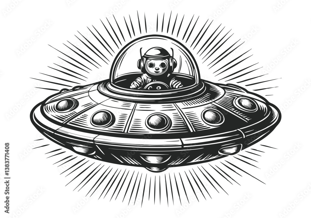 Vintage sci-fi engraving of a cat inside a UFO with retro-futuristic ...