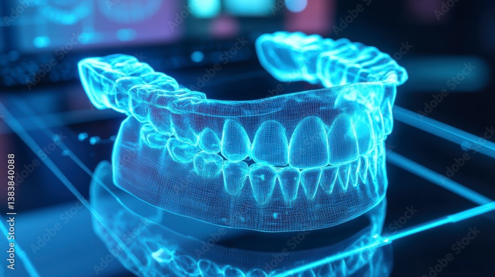 Glowing 3D model of human jaw and teeth on digital screen. 素材庫相片 ...