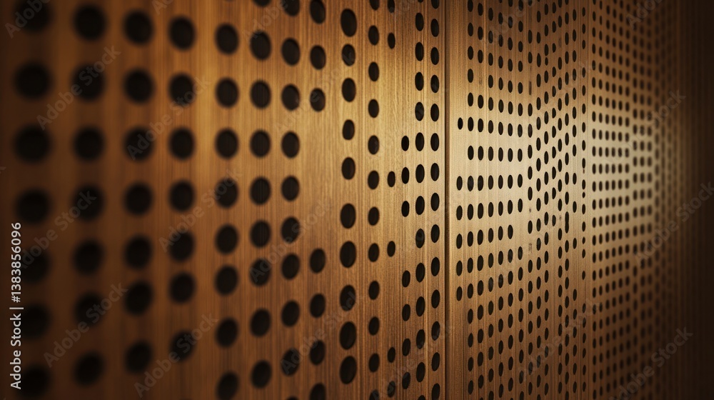 Perforated wood panel wall, interior design, architectural detail ...