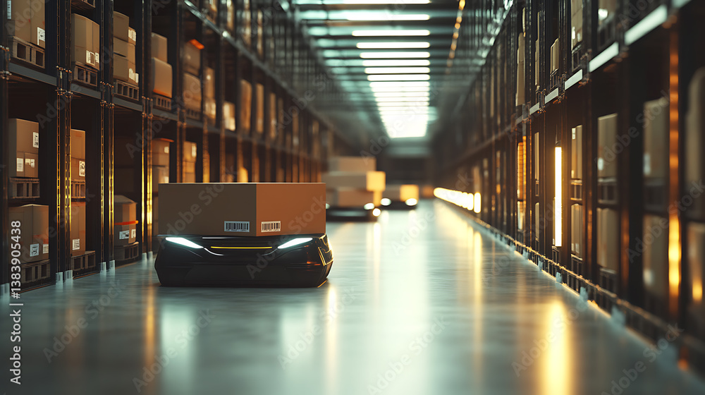 Future technology 3d concept automated retail warehouse agv robots delivering cardboard boxes in ...