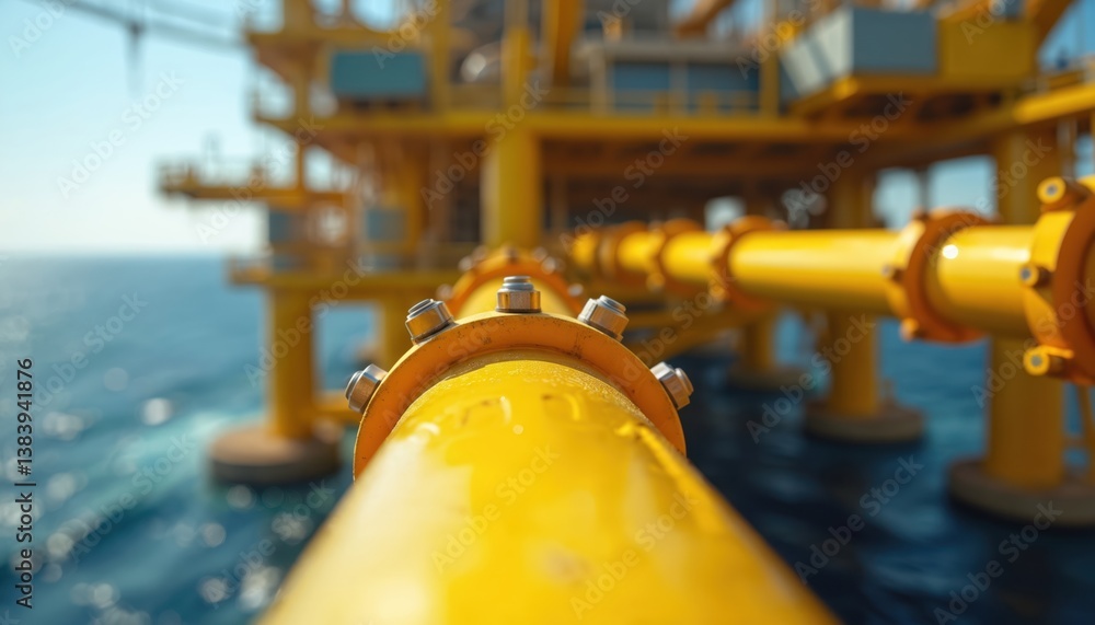 Close-up yellow industrial oil pipeline at offshore oil rig. Metal pipe ...