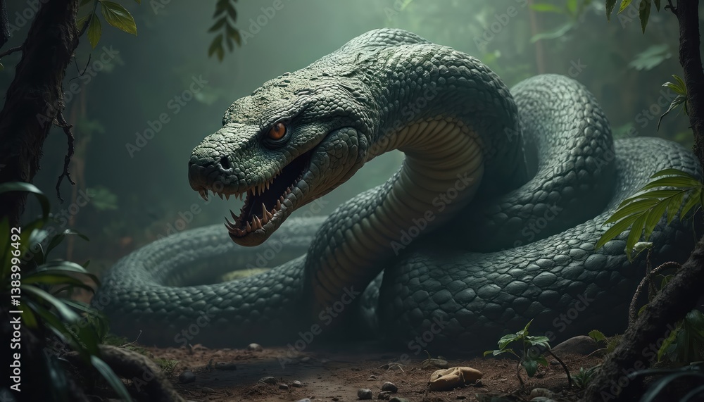 Giant angry Titanoboa illustration in jungle environment. Extinct ...