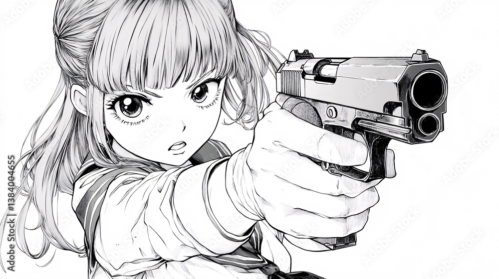 black and white manga style illustration of anime girl aiming pistol in ...