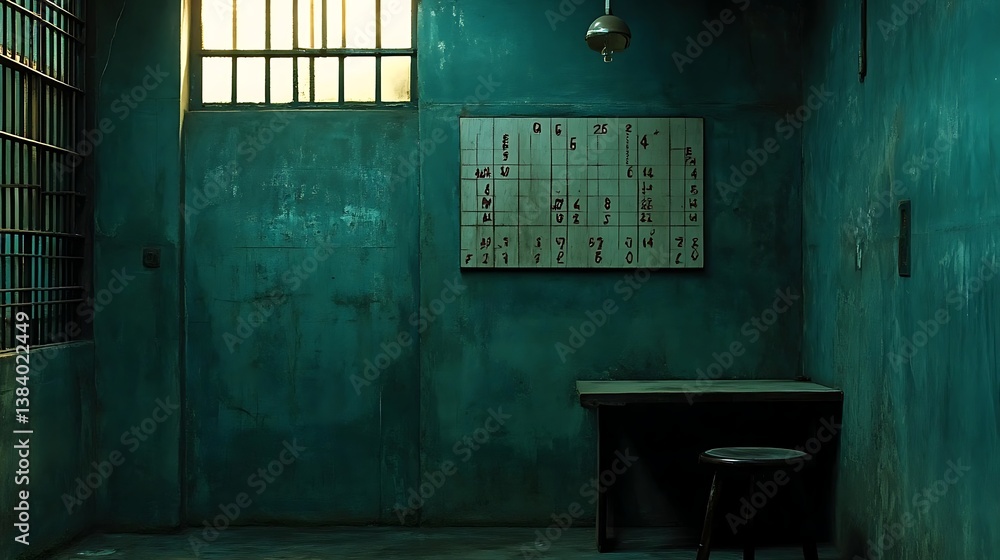 A prison cell with markings on the wall, counting the days spent ...