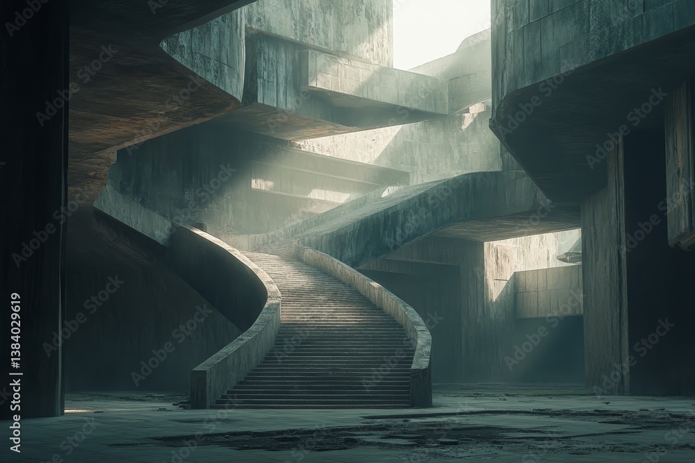 Abandoned brutalist megastructure with empty terraces, cracked surfaces ...