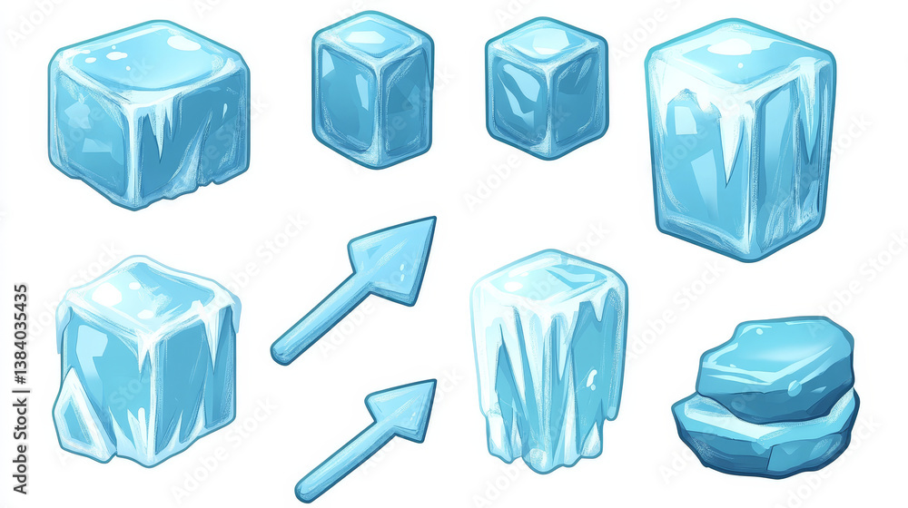 Game asset of blue ice crystal buttons, cartoon vector set. Menu interface of iced textured ...