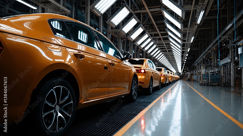 Row of shiny orange cars on an assembly line in a factory. Stock Photo ...