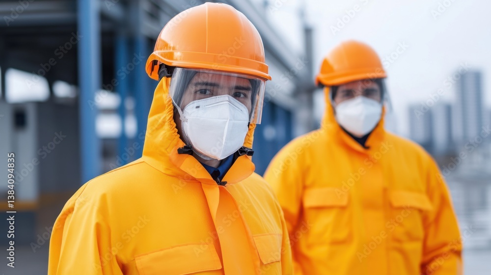 Safety-adapted workers wearing protective gear in an industrial ...