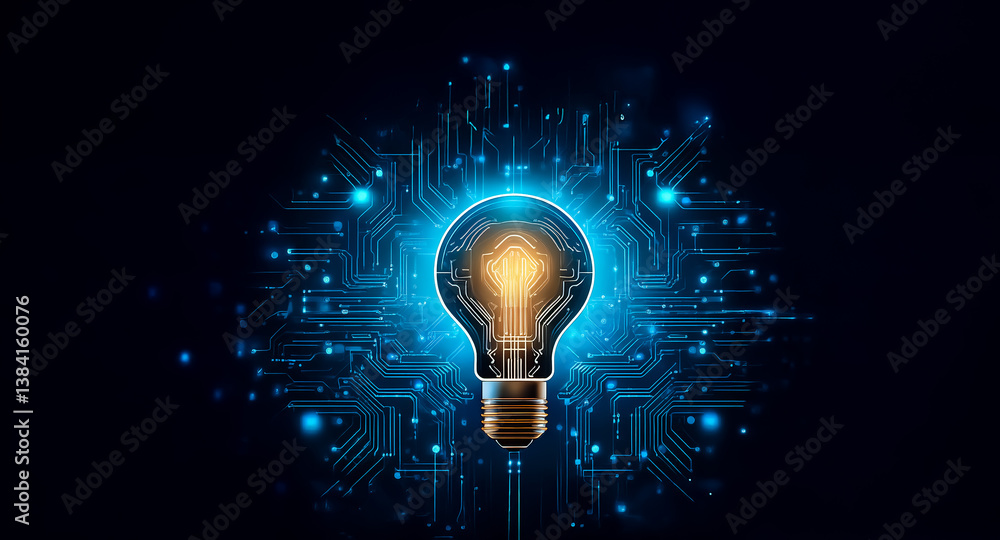 Illuminated lightbulb with blue circuit pattern and dots on dark ...