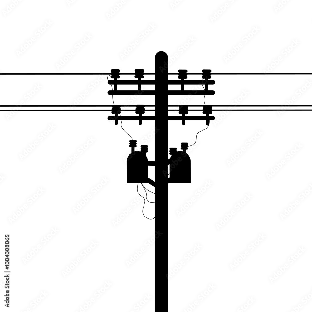 High voltage electric pole vector silhouette with wires. Power lines on ...