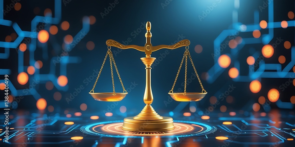 Modern legal justice balance on a futuristic tech background ...