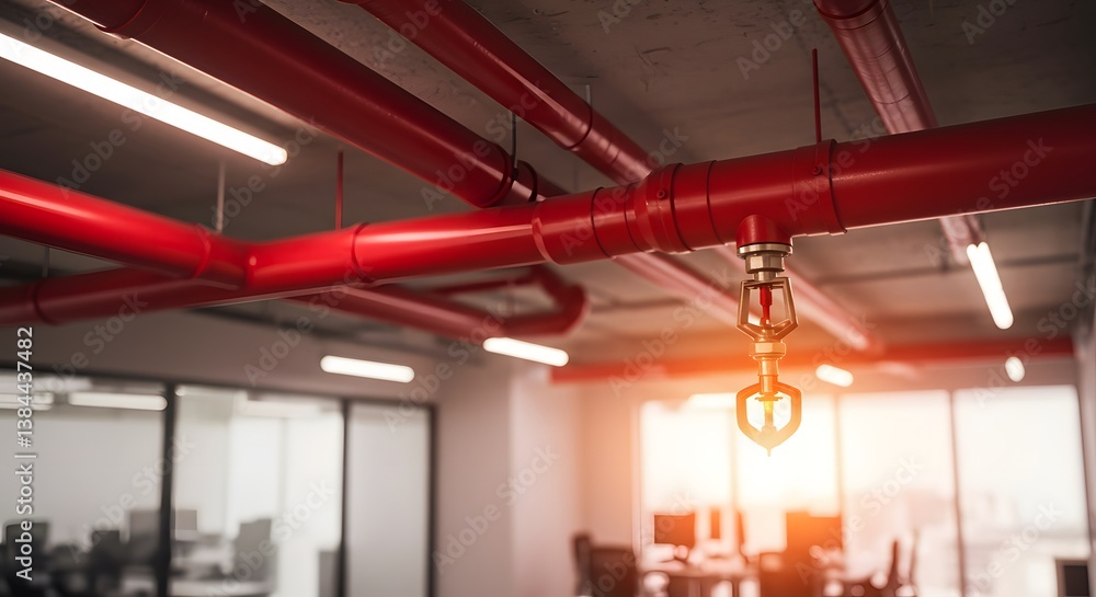 Ceiling fire sprinkler system. Red pipes, modern office. Ensures rapid ...