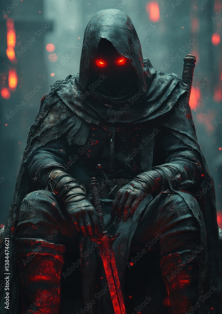Vampire Assassin on Gothic Throne with Fiery Dagger and Glowing Eyes in ...