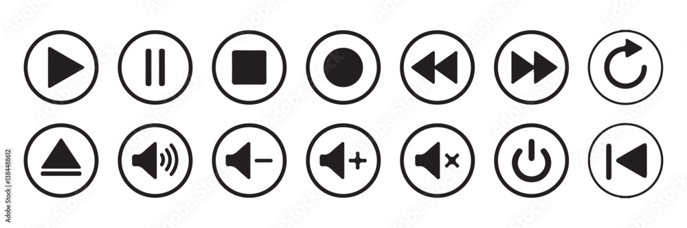 Big Media player control icon set, interface multimedia symbols. Pause ...