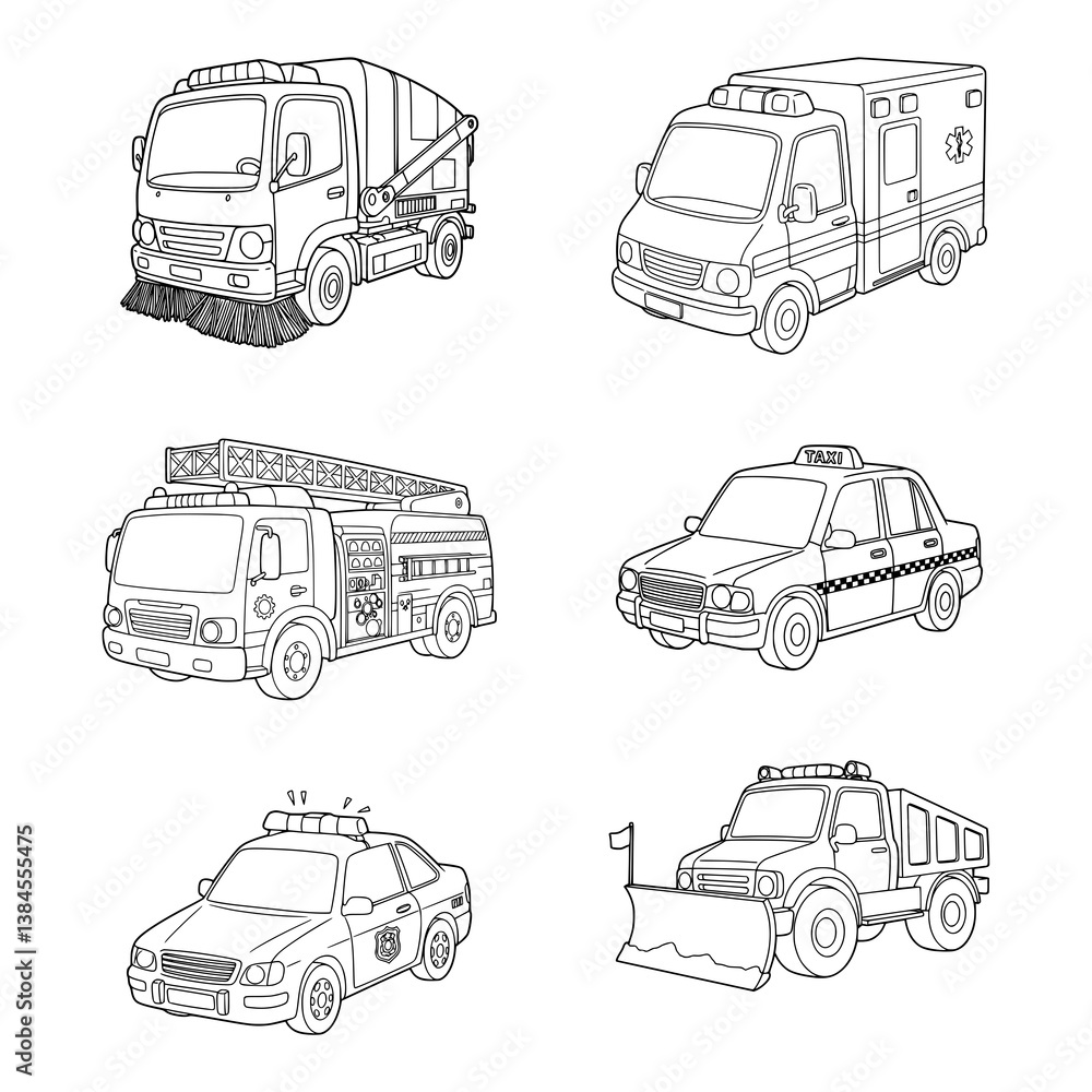 Special Cars. Police car, Ambulance, fire fighter truck, Taxi, Snowplow ...