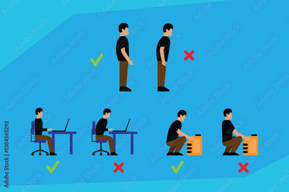 Vibrant 2D illustration depicting ergonomic posture and lifting ...