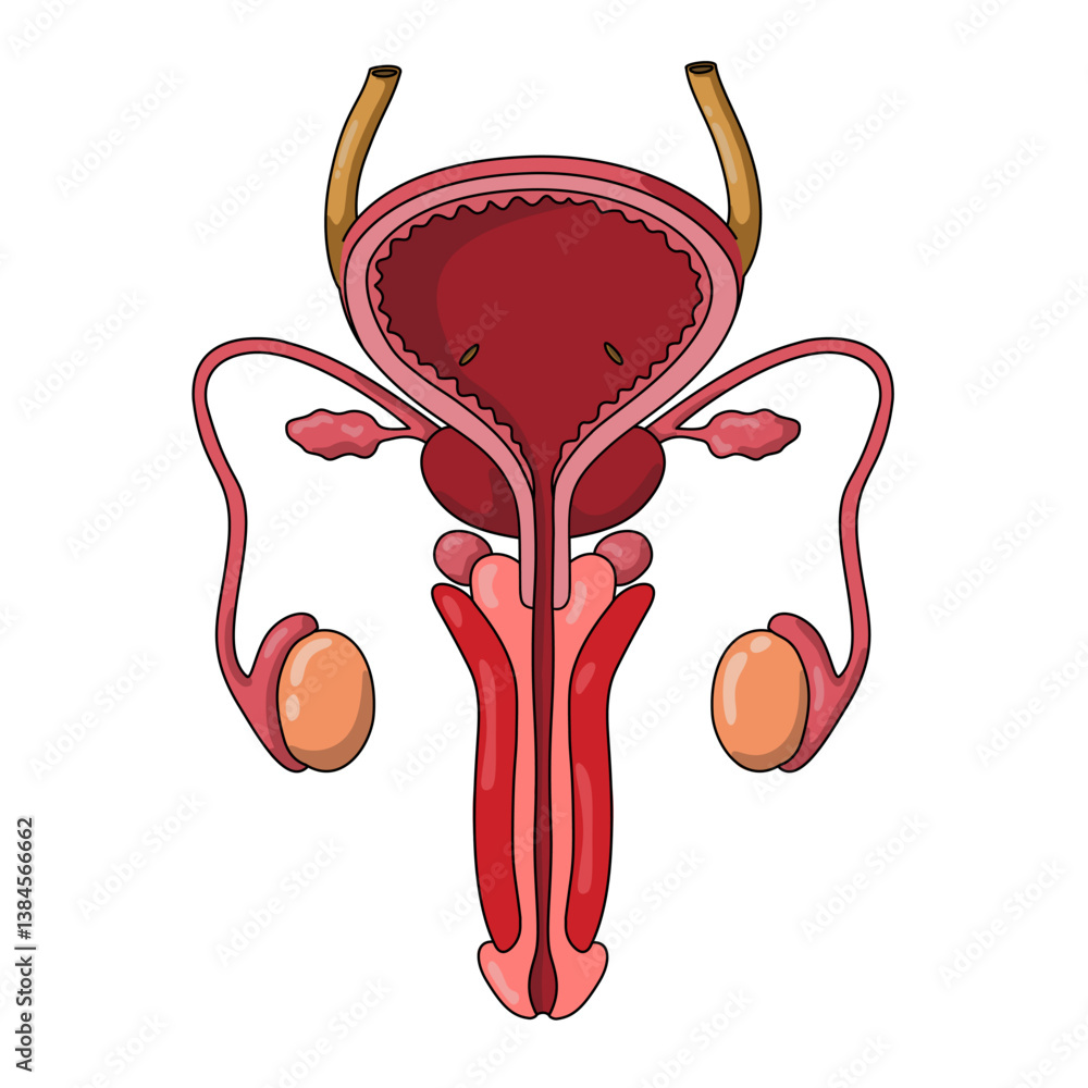 male reproductive organ anatomy illustration. Penis, testis, bladder ...