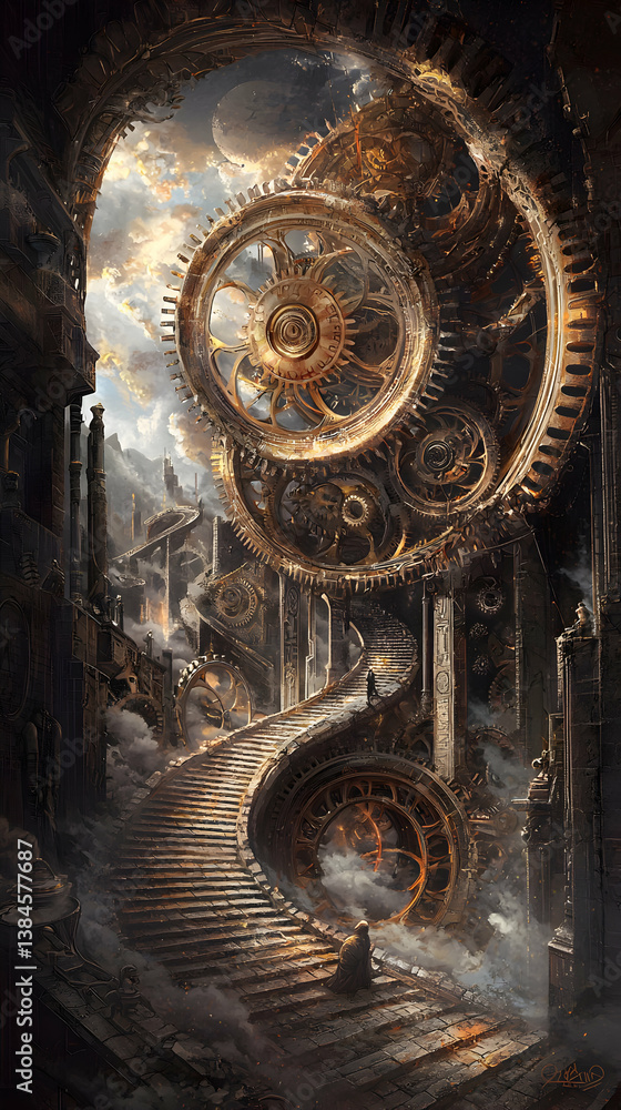 Foto de Stock Dark Fantasy Steampunk Architecture with Spiral Staircase ...