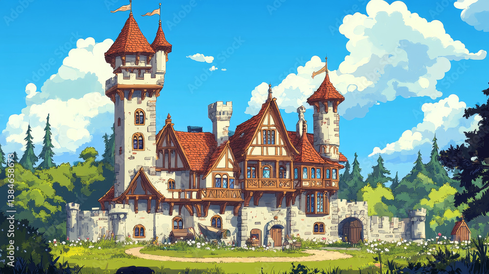 Medieval castles of fairytale kingdom palace, fortified fortress of ...