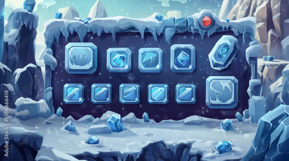 Ice crystal buttons, cartoon interface. UI game and GUI elements, vector frozen snow blocks ...
