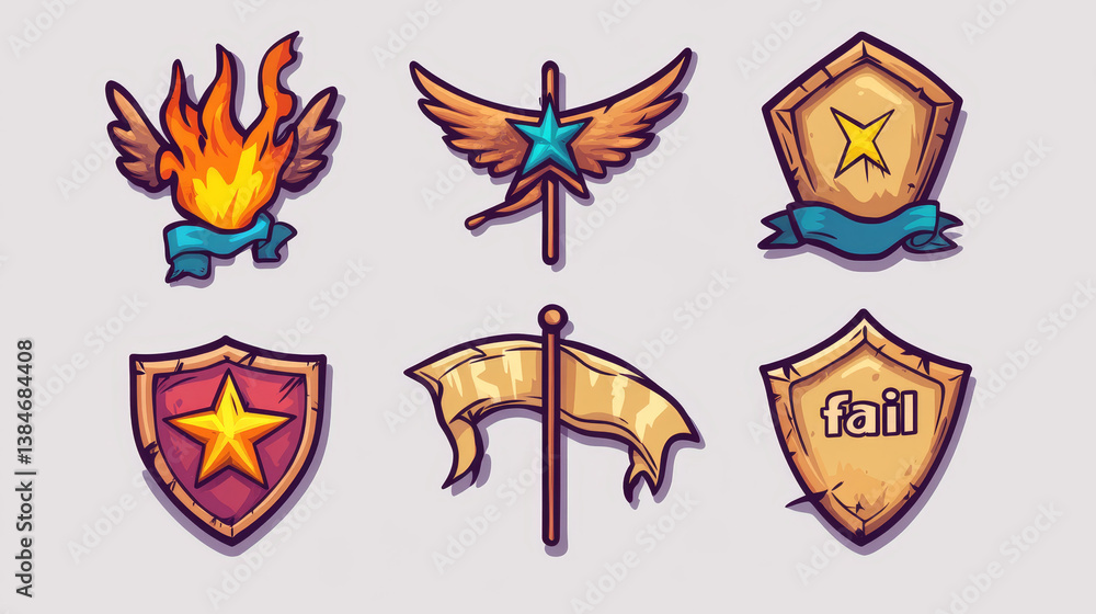 Defeat game frame icons with wood boards, stone shields and gold stars ...