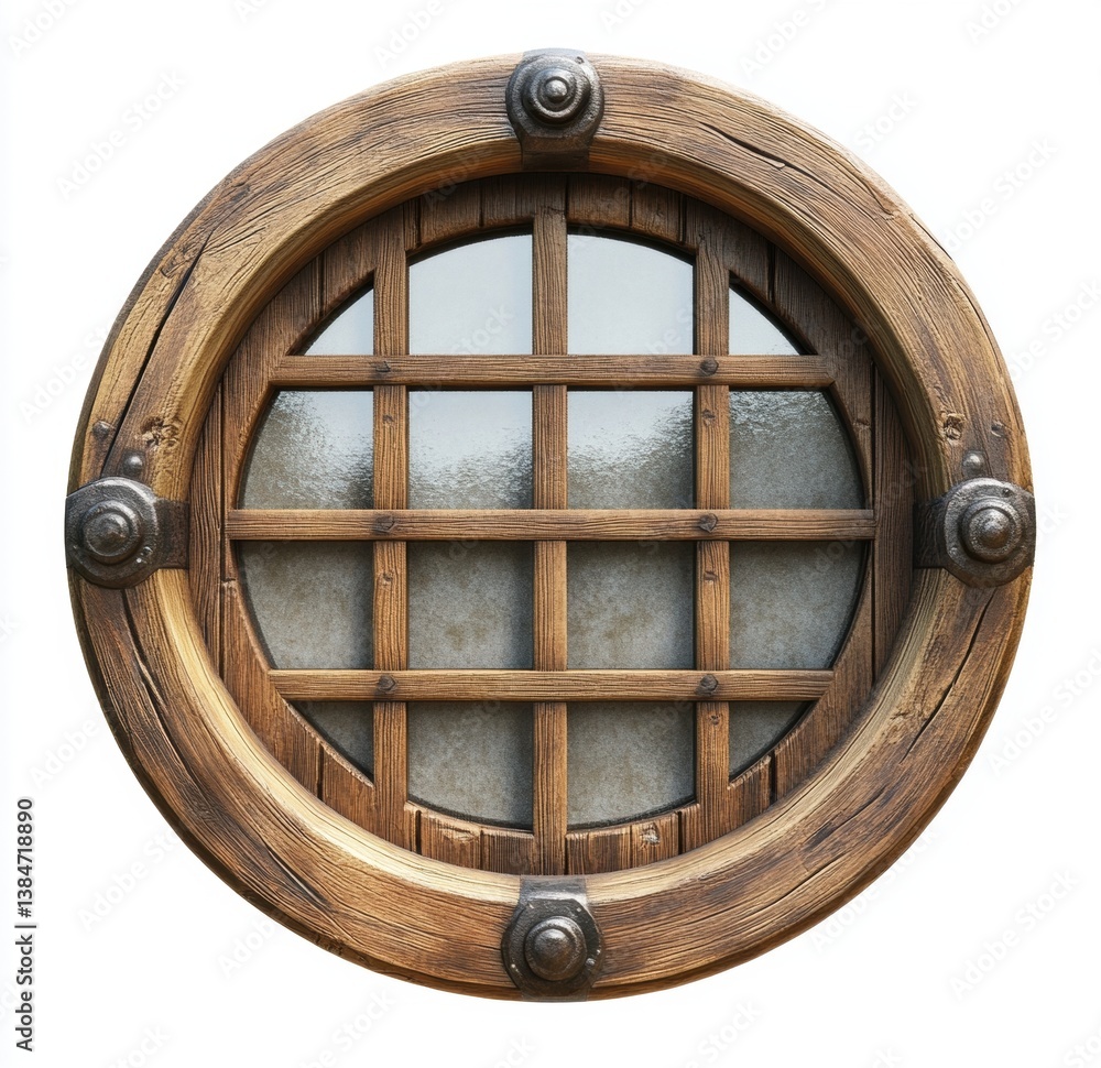 Circular, wooden, medieval style window. Detailed, aged wood frame ...