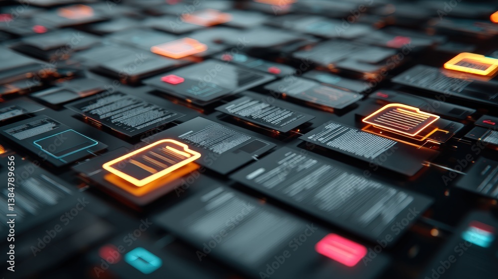 Abstract network grid with files and folders, futuristic software ...
