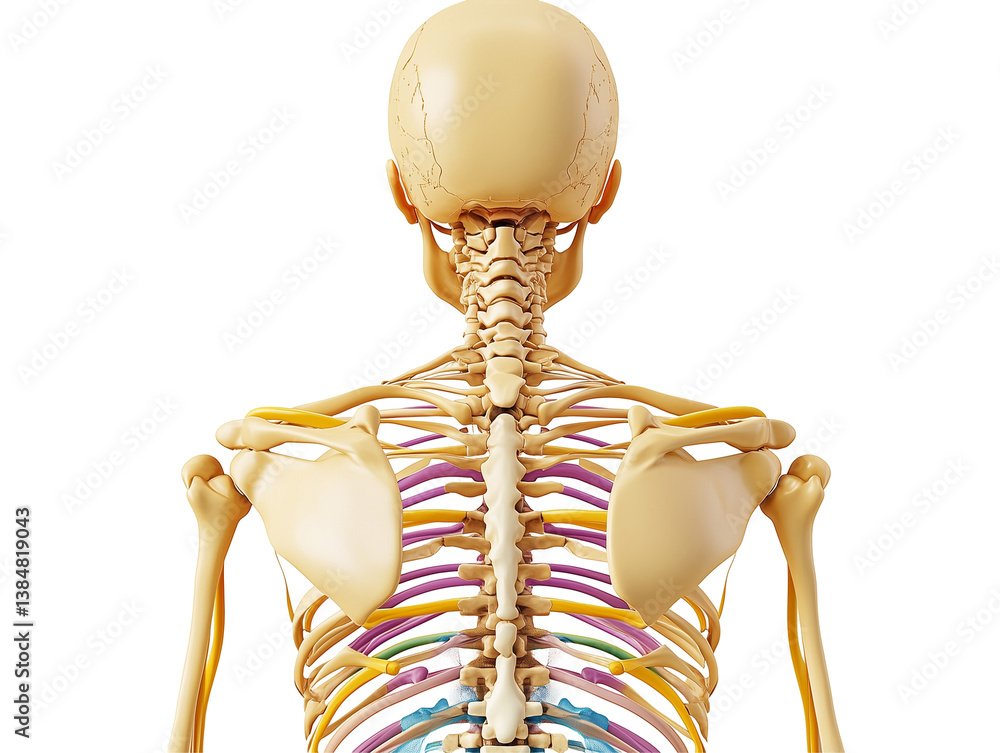 Color-coded human skeleton posterior view, 3d highlighting upper body anatomy including skull ...