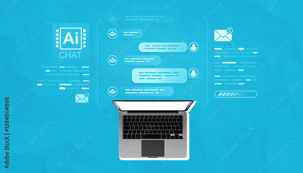 Chatbot conversation interface on laptop with AI chat icons on blue ...