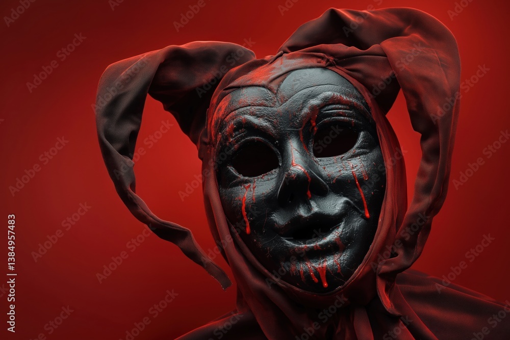 Dark creepy mask with red fabric and dripping paint on eerie red ...