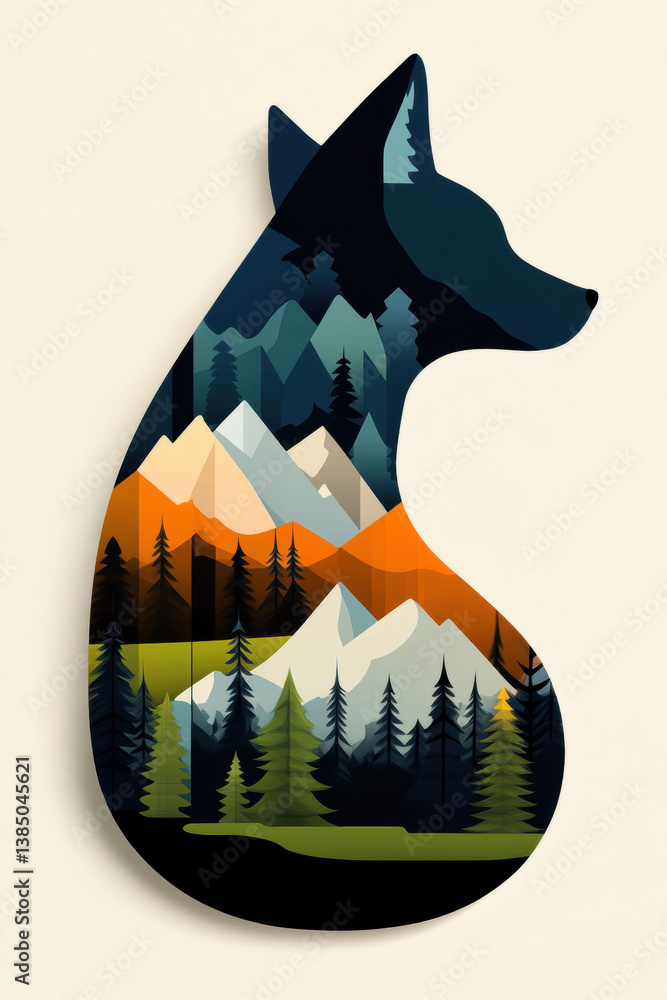 Double exposure, illustration, A fox silhouette with an autumn forest ...