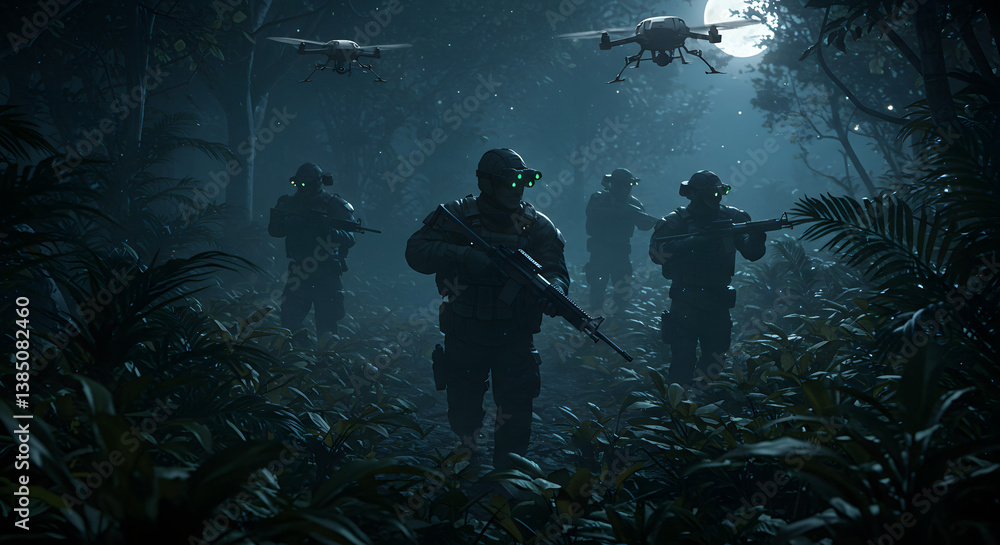 A squad of soldiers, wearing night vision goggles, moves through a ...
