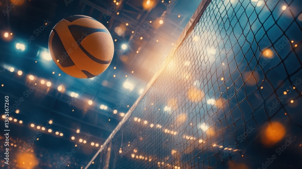 Bottom view of volleyball in motion above a net, volleyball arena ...
