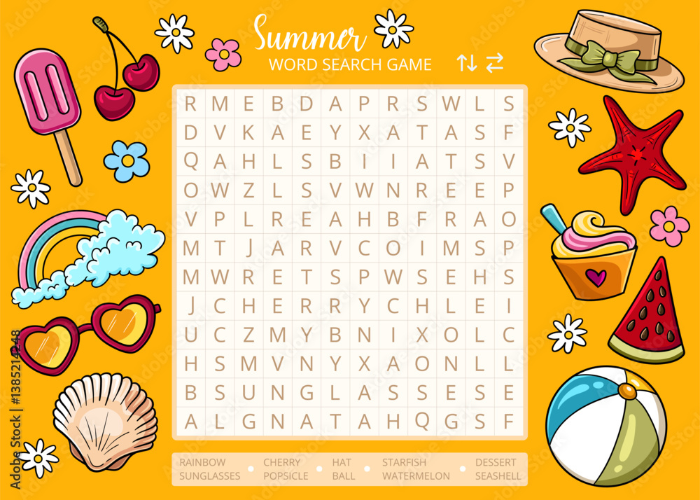Summer word search puzzle game with cute cartoon drawings worksheet ...