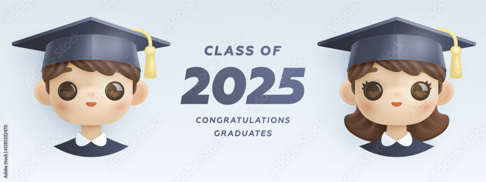 Class of the year 2025 with cartoon 3d boy and girl head and graduation ...