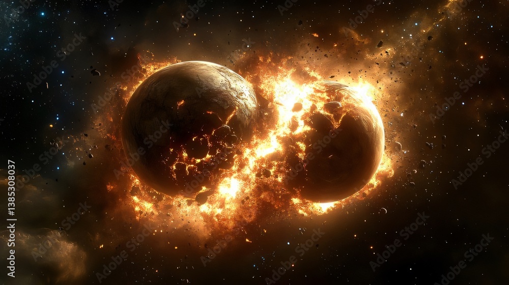 Exploding Planets in Space Collision with Fiery Impact and Nebula Stock ...