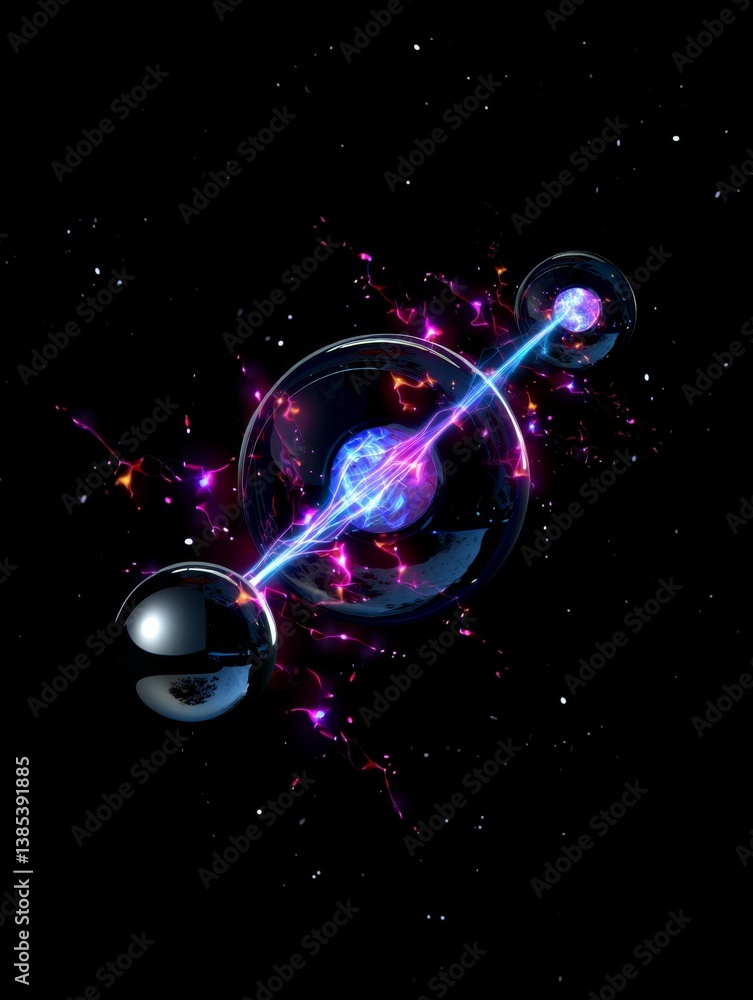 Three connected spheres with vibrant energy flows in blue, purple and ...