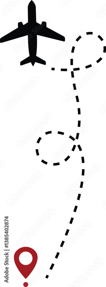 Airplane line paths icon. Aircraft tracking planes, travel, map pins ...
