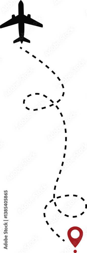 Airplane line paths icon. Aircraft tracking planes, travel, map pins ...