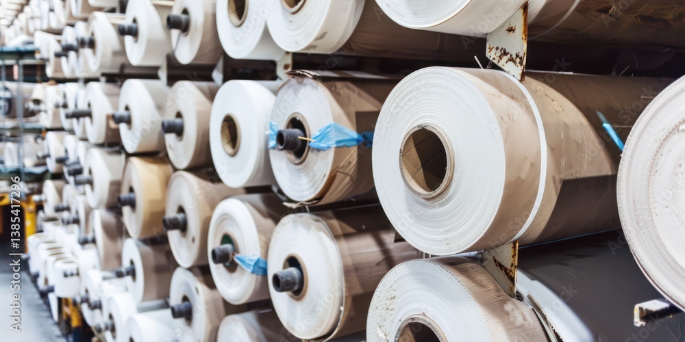 Industrial close up rolls placed in a warehouse paper aluminum steel or ...