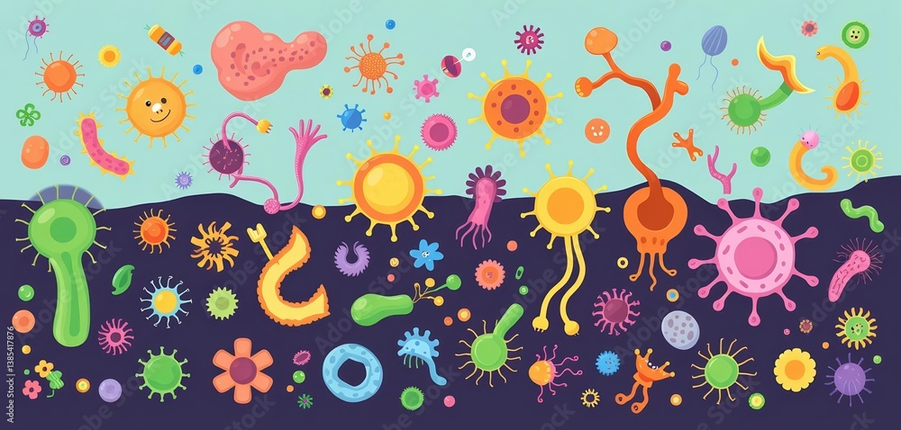 Flat vector illustration set of cartoon good and bad bacteria, microbes ...