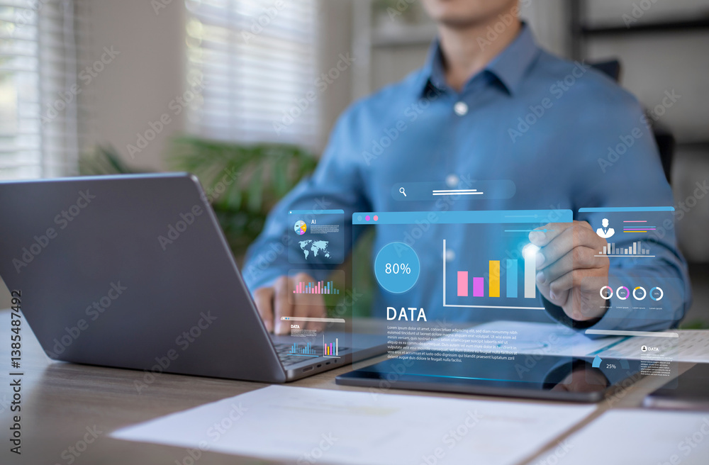 Analysts use computers, big data charts, and dashboards to analyze ...