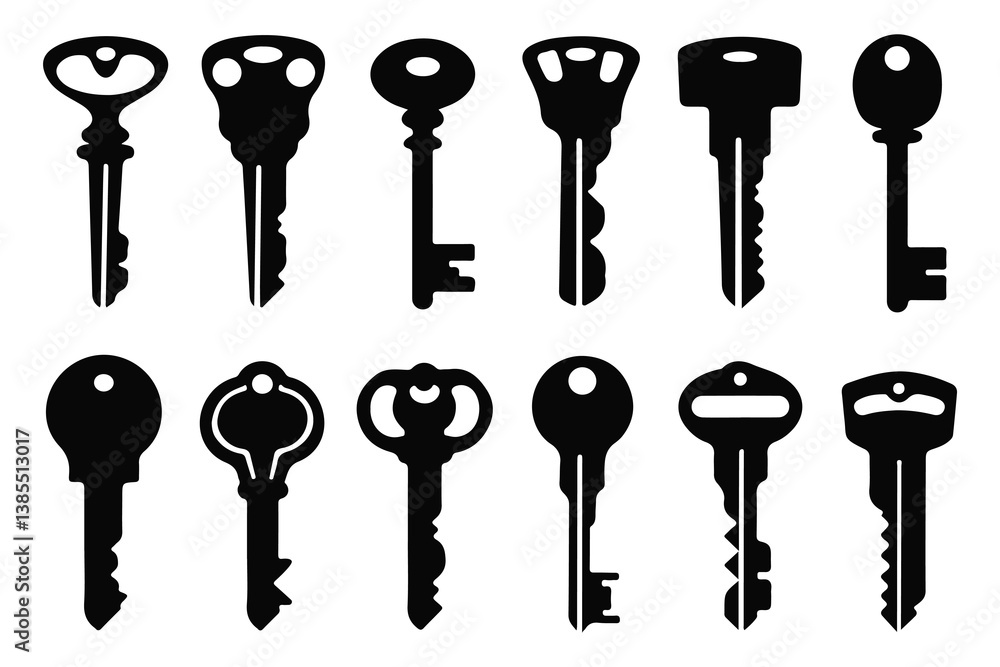 Collection of Vintage Key Silhouettes, vector illustration isolated on ...