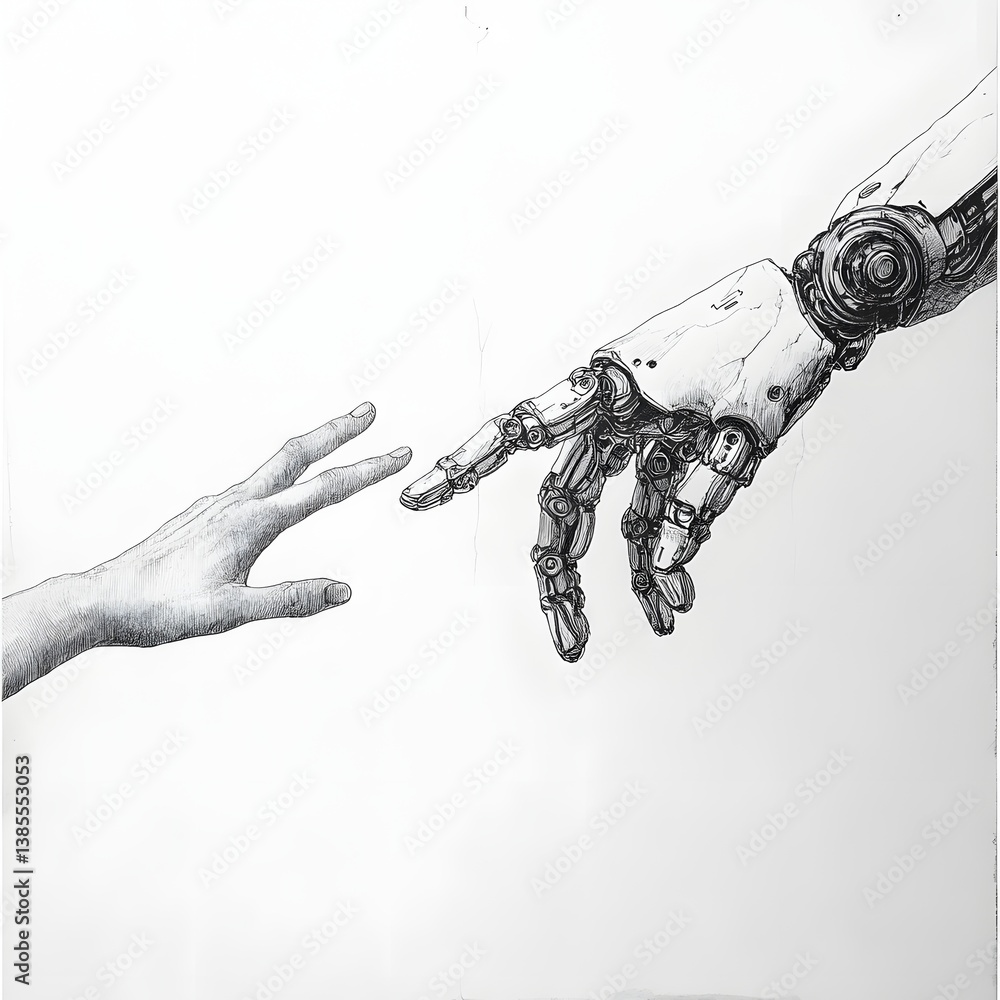Creation of Adam AI Robot Hand Reaching for Human Hand, Digital ...