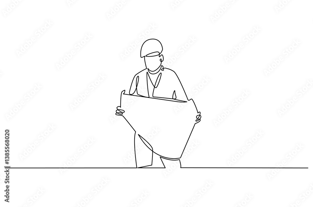 Continuous one line drawing of male architect holding blueprint paper ...